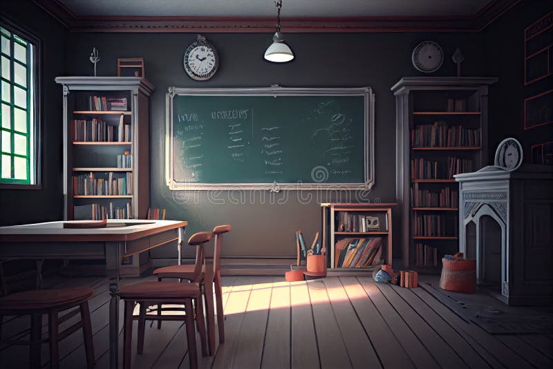 Empty School Classroom with Bookcases and Chalkboard, Providing a Haven ...