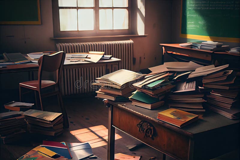 Empty School Classroom, with Books and Supplies Neatly Arranged on ...