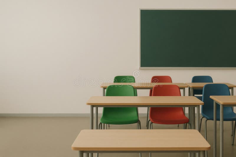 An Empty School Classroom with Bright Chairs and a Green Blackboard ...