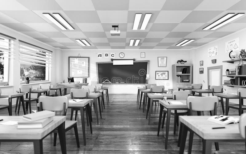 Empty School Classroom in Cartoon Style. Education Concept without ...