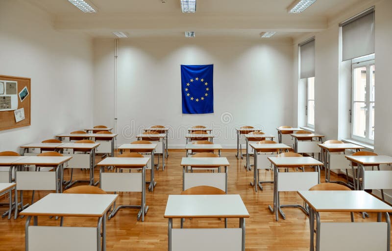 Empty School Classroom with European Union Flag on Wall. Editorial ...