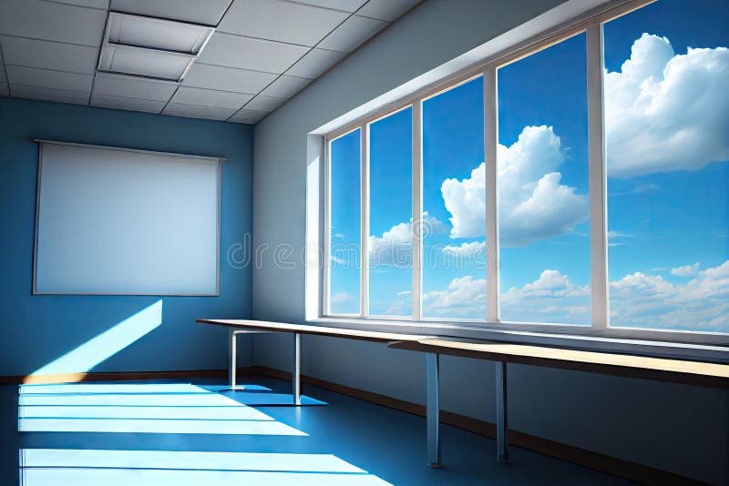 Empty School Classroom with View of Blue Sky and Clouds, Perfect for ...