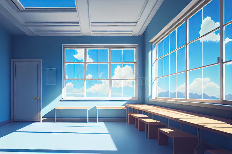 Empty School Classroom with View of Blue Sky and Clouds, Perfect for ...