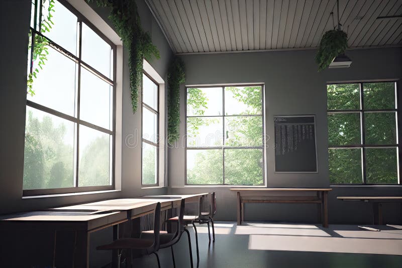 Empty School Classroom, with View of the Outdoors and Greenery Visible ...