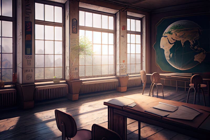 Empty School Classroom, with View of the Outside World through Large ...