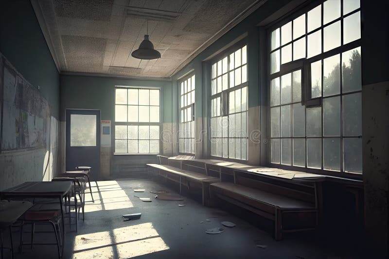 Empty School Classroom, with View of the Outside World through Large ...