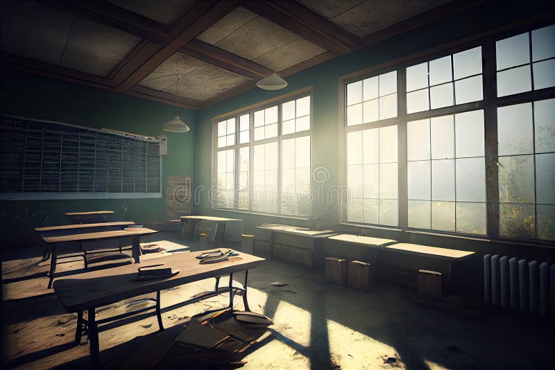 Empty School Classroom with View of the Outside World, Surrounded by ...
