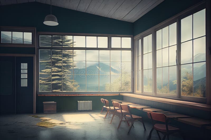 Empty School Classroom with View of the Outside World, Surrounded by ...