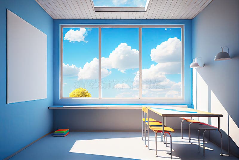 Empty School Classroom, with View of the Playground and Blue Sky ...