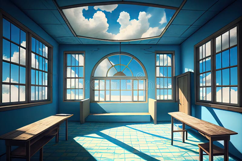 Empty School Classroom, with View of the Playground and Blue Sky ...