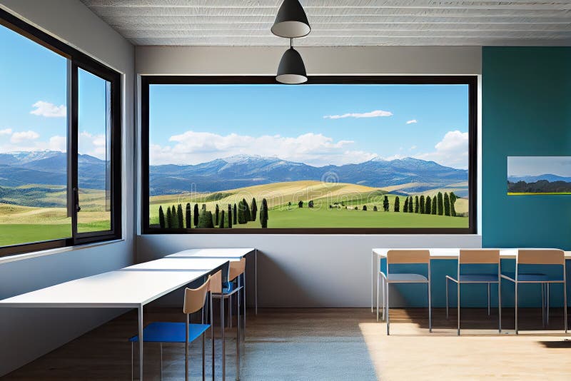 Empty School Classroom with View of Rolling Hills and Blue Sky, Ideal ...