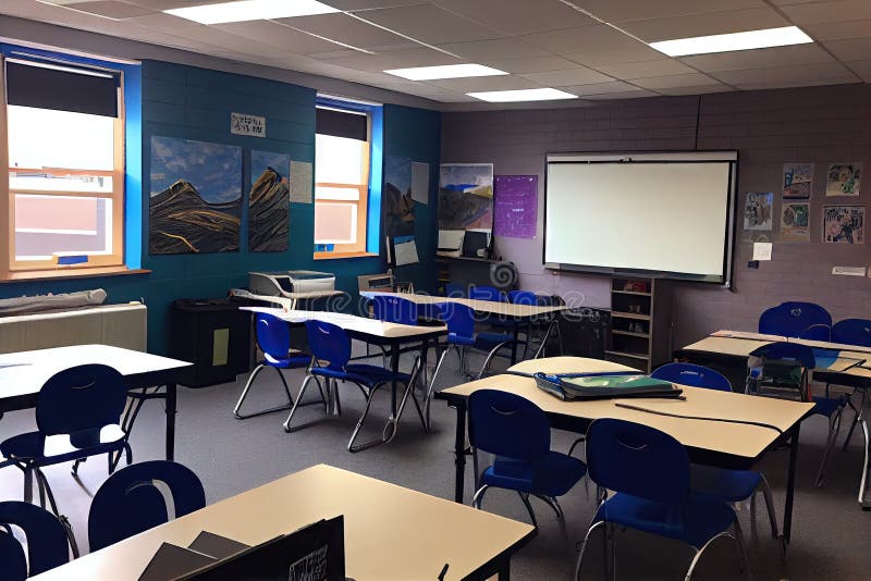 Empty School Classroom, with View of Students Artwork and Project ...