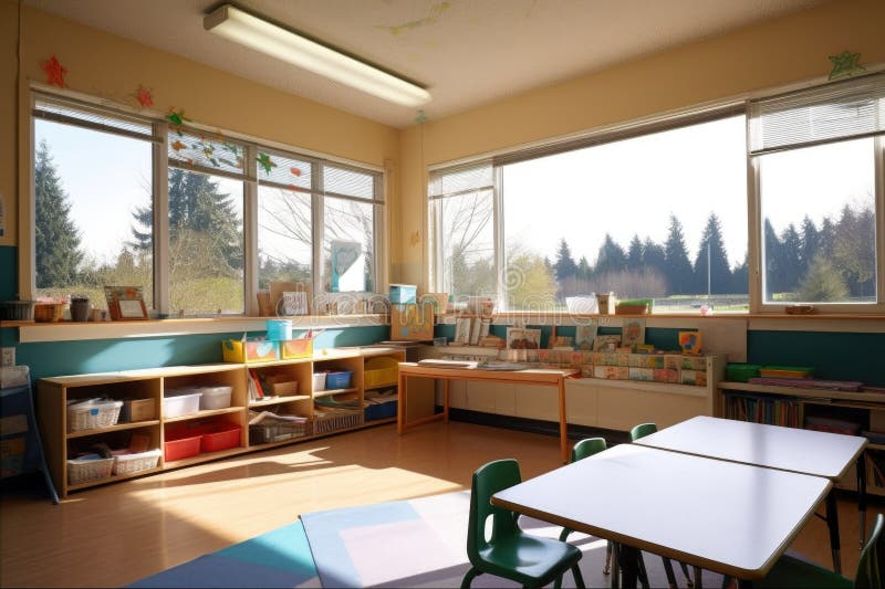 Empty School Classroom with View of Sunny Day Outside, Perfect Setting ...