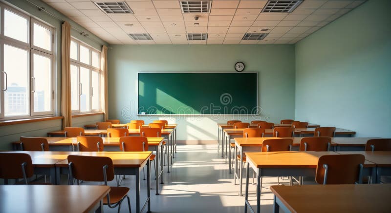 Empty School Classroom with Wooden Tables, Chairs. Sunlight Streams ...