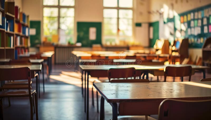 Empty School Classroom without Young Student. Blurry View of Elementary ...