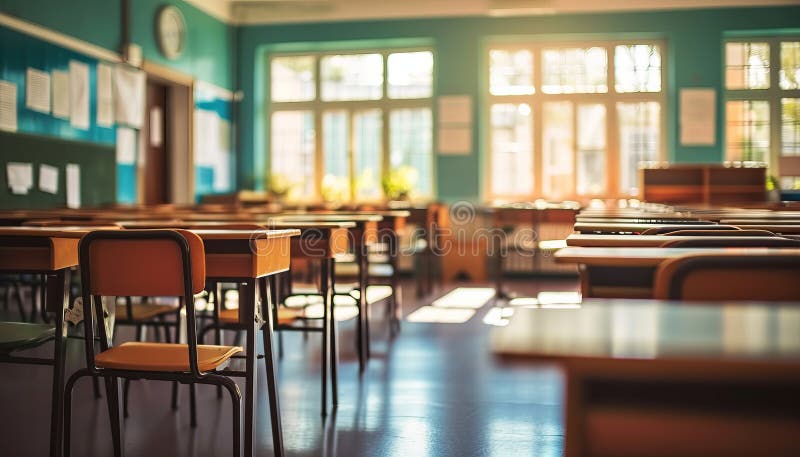 Empty School Classroom without Young Student. Blurry View of Elementary ...