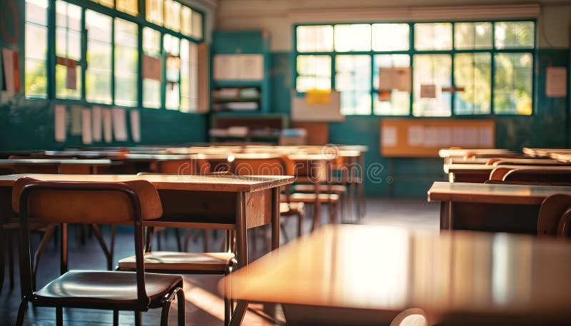 Empty School Classroom without Young Student. Blurry View of Elementary ...