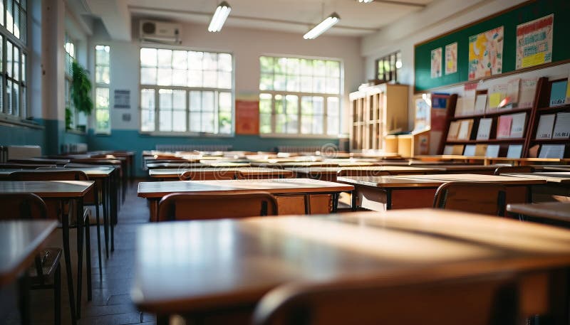 Empty School Classroom without Young Student. Blurry View of Elementary ...