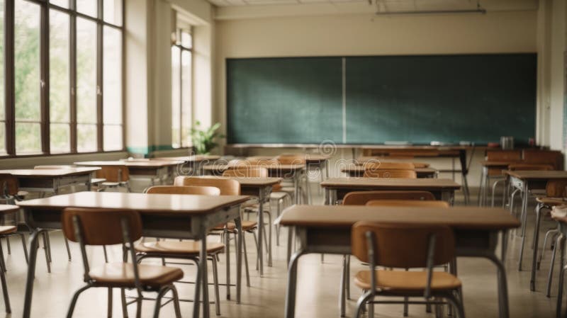 Empty School Classroom without Young Student. Blurry View of Elementary ...