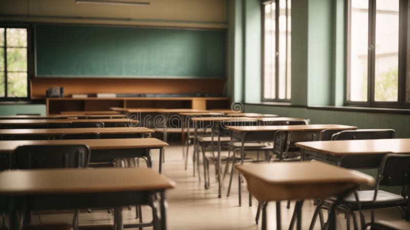Empty School Classroom without Young Student. Blurry View of Elementary ...