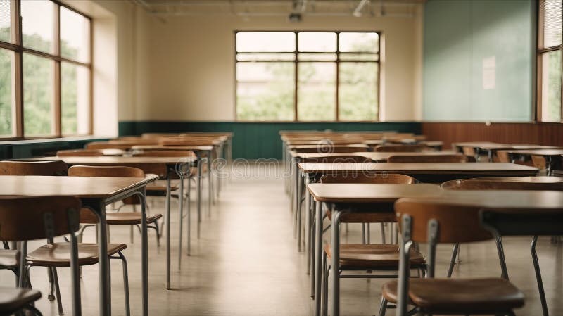 Empty School Classroom without Young Student. Blurry View of Elementary ...