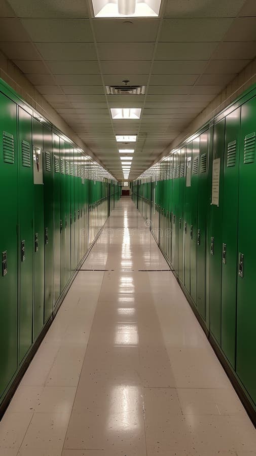 Empty School Corridor with Green Lockers Stock Image - Image of empty ...