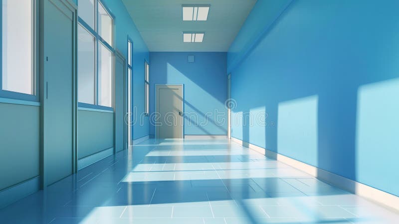Empty School Corridor with Sunlight Streaming through Windows Stock ...