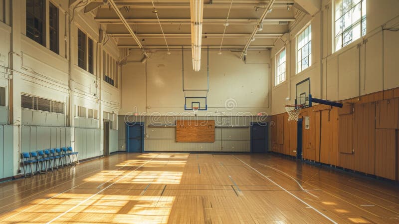 Empty School Gymnasium with Basketball Hoops and Sunlight Streaming ...