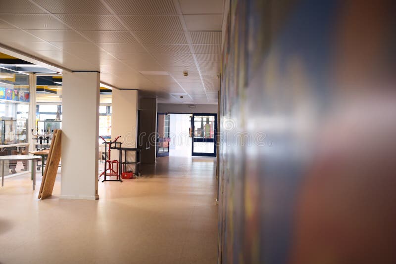 Empty School Hallway with Art on Wall Stock Image - Image of learn ...