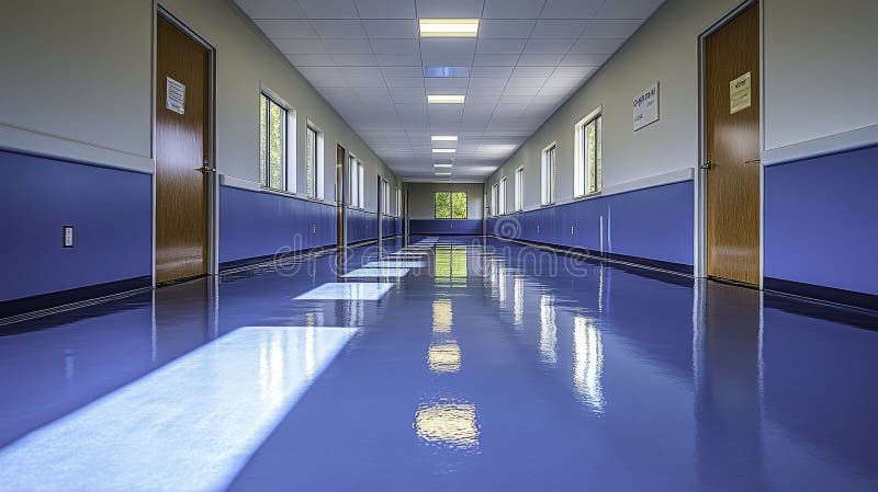 Empty School Hallway with Blue Floor, Doors, and Windows, Perspective ...