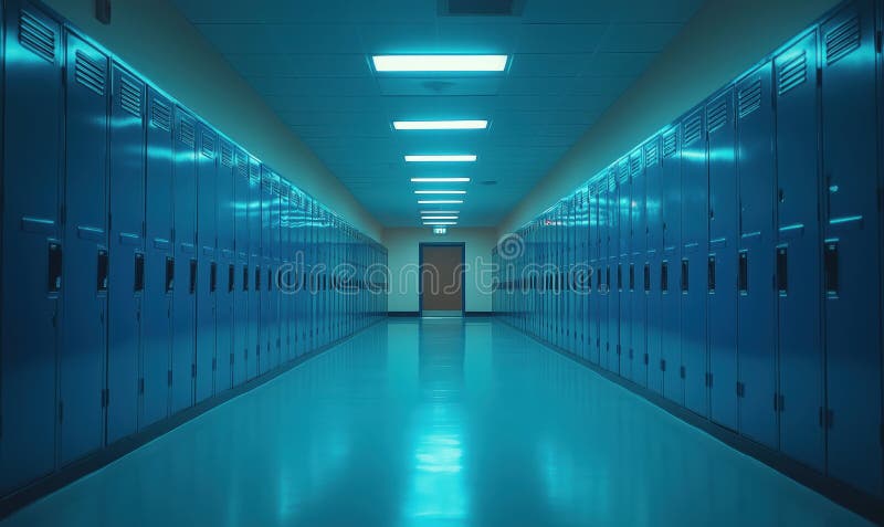 Empty School Hallway Blue Lockers Bright Fluorescent Lighting Stock ...