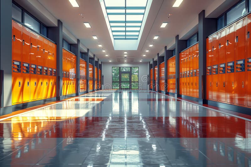 Empty School Hallway with Bright Orange Lockers and a Polished Floor ...