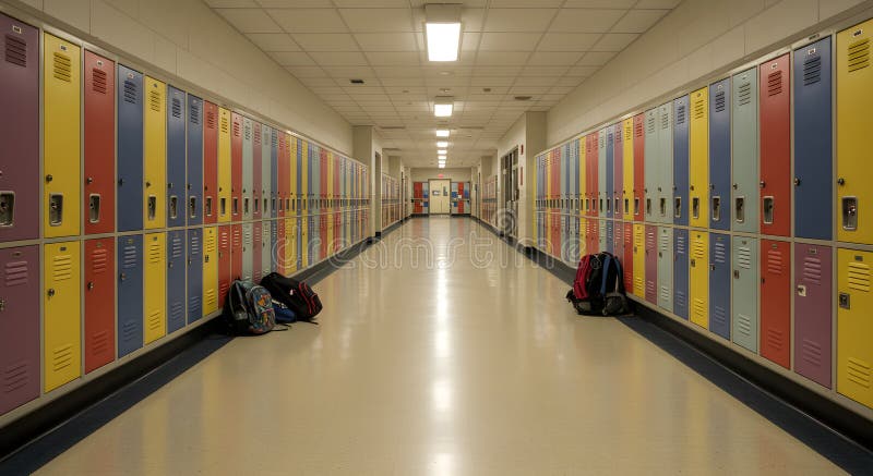 Empty School Hallway with Colorful Lockers and Backpacks: a Glimpse ...