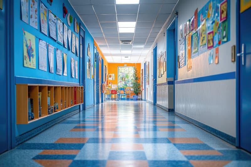 Empty School Hallway with Colorful Walls and Drawings Displayed Stock ...