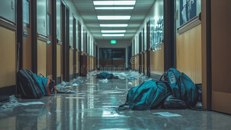 Messy School Hallway after Class Backpacks Scattered Across the Floor ...