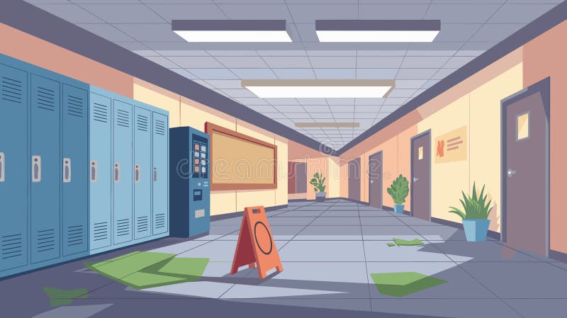 Abandoned School Hallway with Lockers and Messy Floor Stock Vector ...