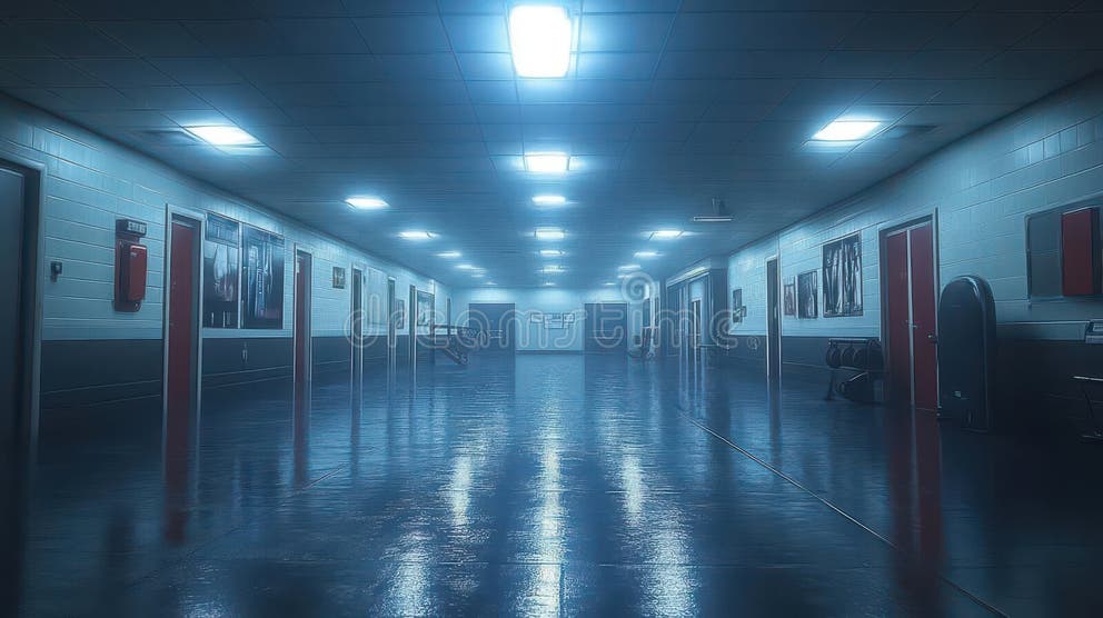 Empty School Hallway at Night Stock Image - Image of corridor, lights ...