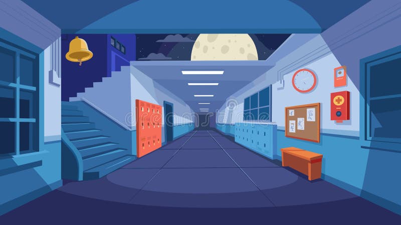 Empty School Hallway at Night in Moonlight. Cartoon Vector Dark ...