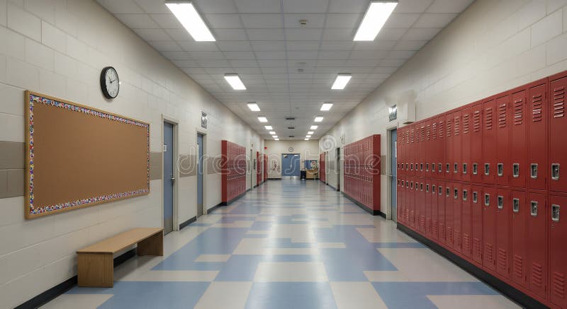 Empty School Hallway with Red Lockers, Bulletin Board, and Clock - Back ...
