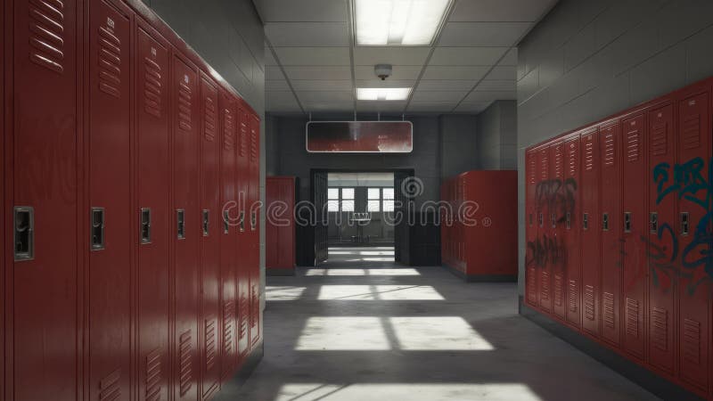 Empty School Hallway with Red Lockers Stock Image - Image of shadows ...