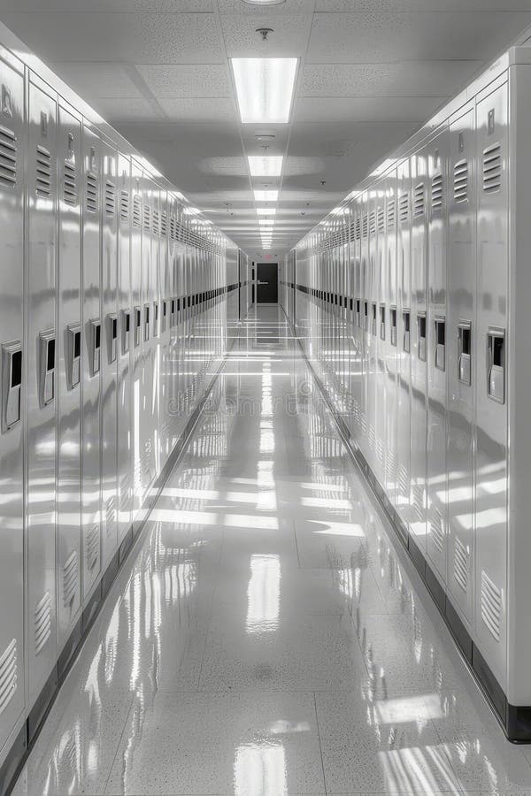Empty School Hallway with Rows of Lockers Reflecting Bright Overhead Lights. Stock Illustration ...