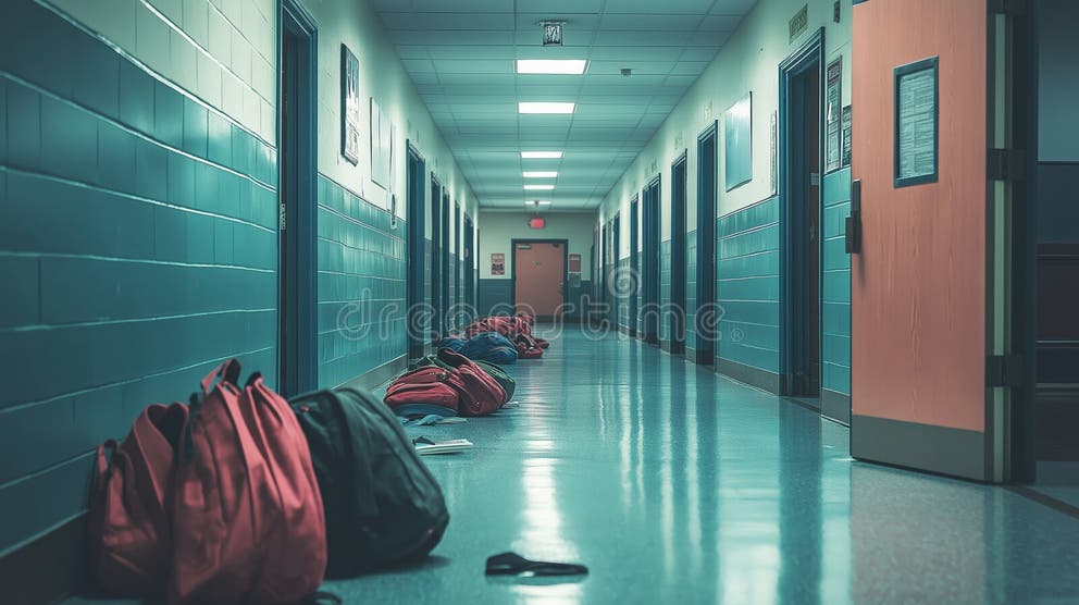 Empty School Hallway with Scattered Backpacks and Open Classroom Doors ...
