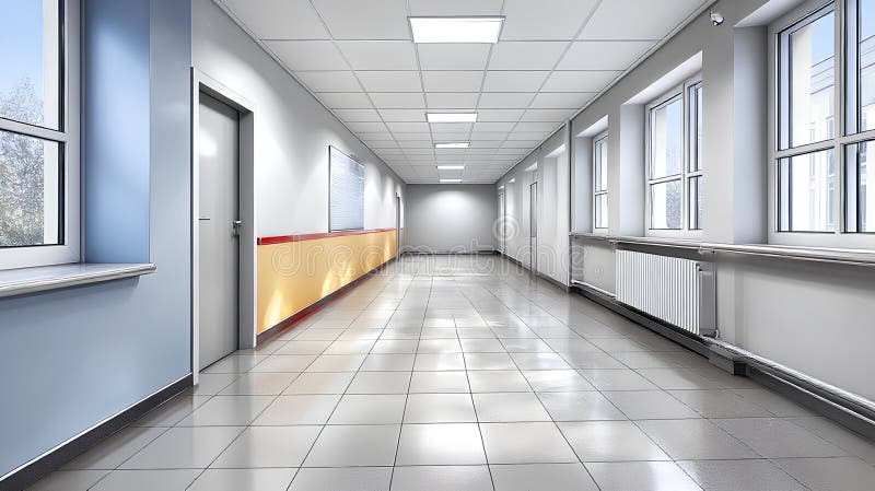 Empty School Hallway with Tiled Floor and Large Windows Illuminating ...