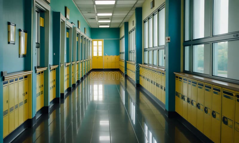 Empty School Hallway with Yellow Lockers and Natural Light from Windows ...