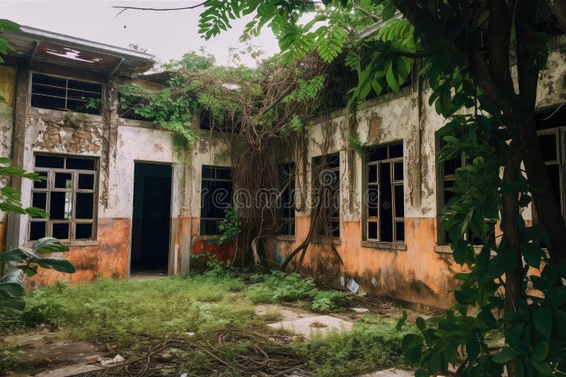 Empty School, with Peeling Paint and Broken Windows, Surrounded by ...