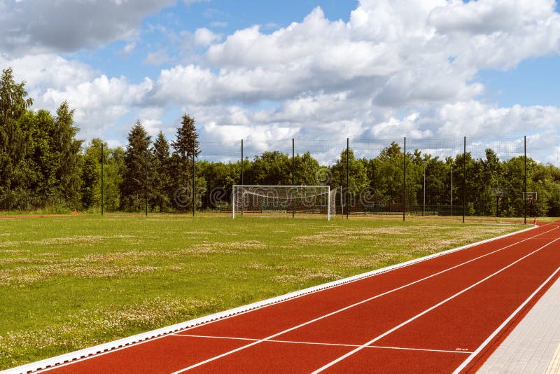 Empty School Stadium with Football Gate and Running Track Stock Photo ...