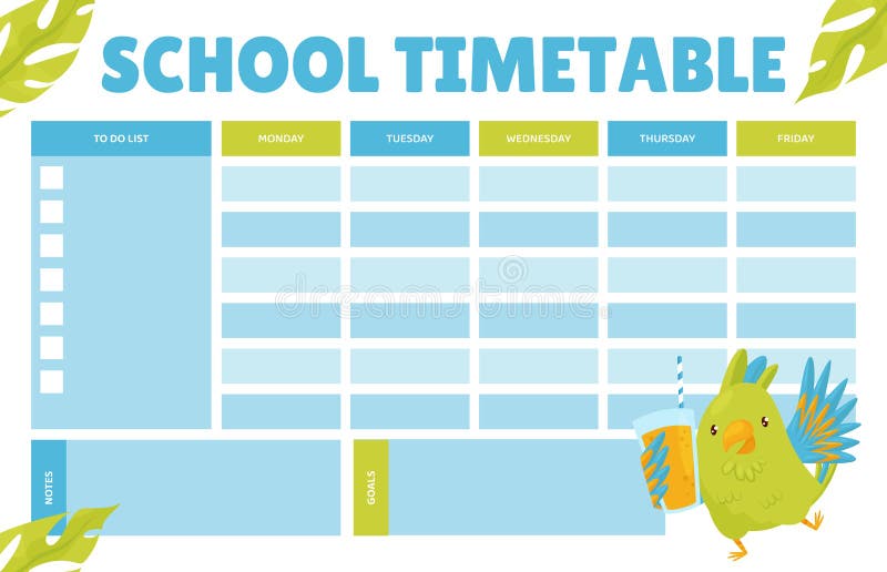 Empty School Timetable with Green Parrot Funny Bird Vector Template ...