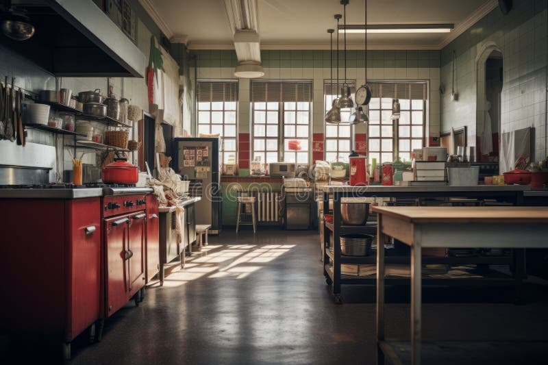 Empty School or University Kitchen with Large Windows and Cooking ...