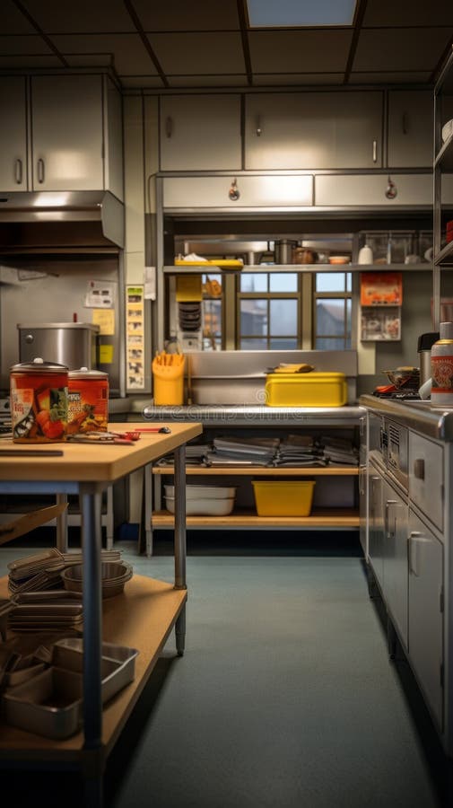 Empty School or University Kitchen with Large Windows and Cooking ...