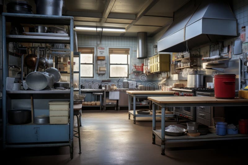 Empty School or University Kitchen with Large Windows and Cooking ...